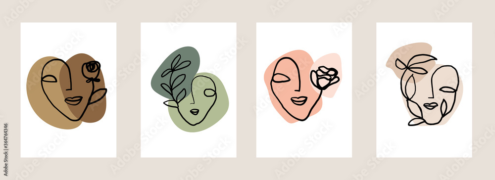 Line art face set. One line drawing. Fancy line art. Trendy concept for ...