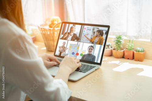 Video call group of business people meeting on virtual workplace or ...