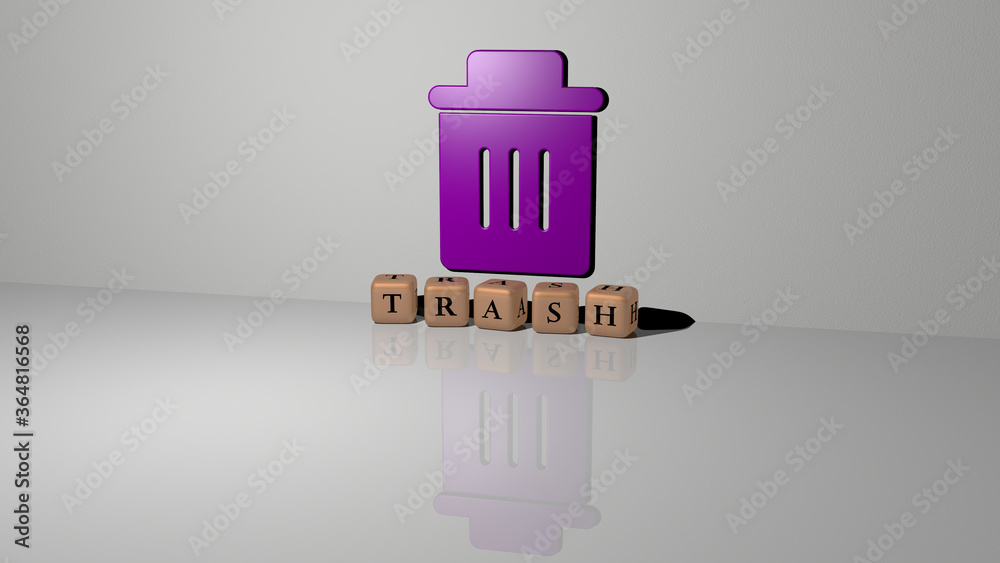 3D illustration of TRASH graphics and text made by metallic dice ...