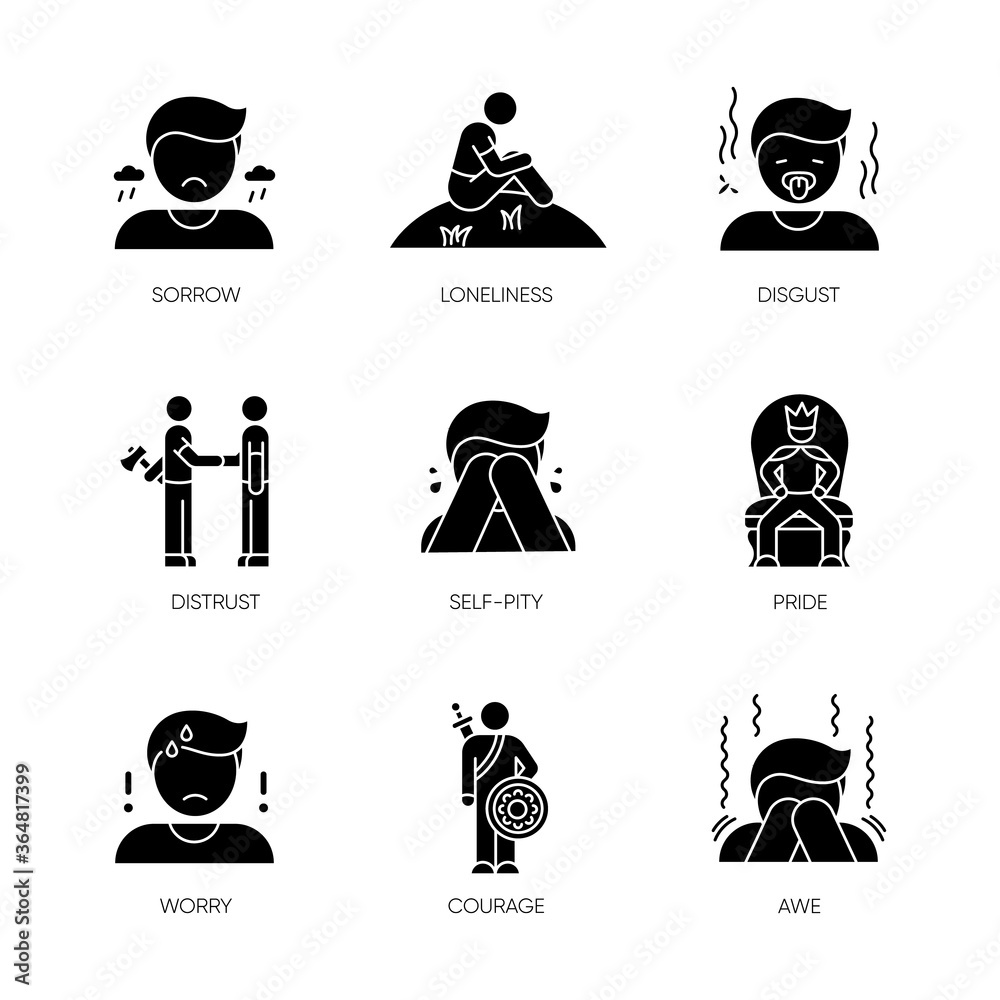 Negative feelings black glyph icons set on white space. Bad emotions ...