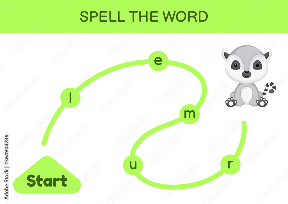 Maze for kids. Spelling word game template. Learn to read word lemur ...