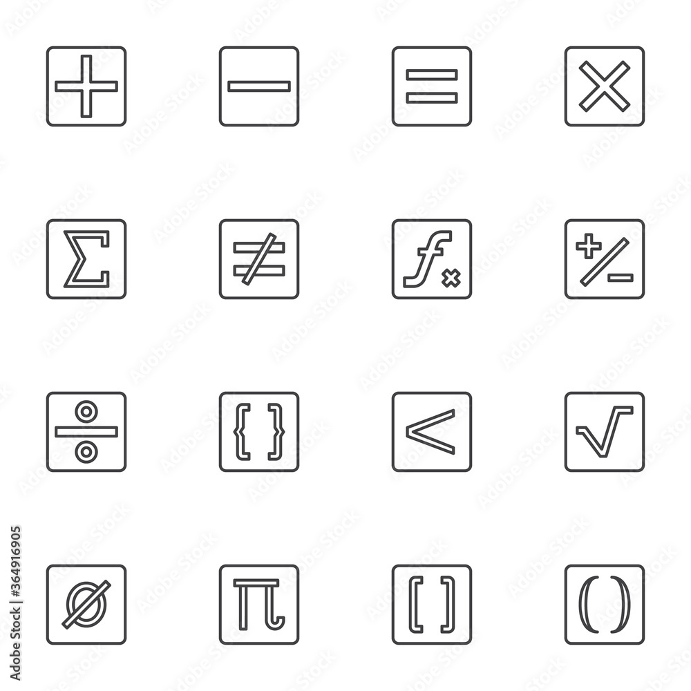 Calculator symbols line icons set, math outline vector symbol ...