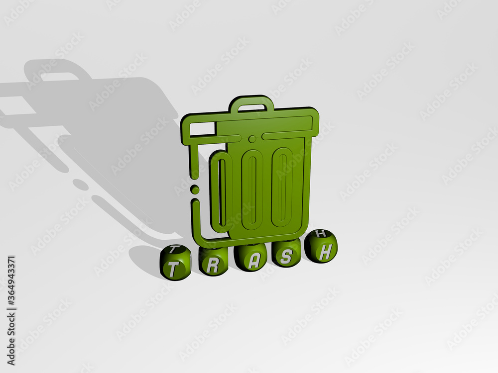 3D illustration of trash graphics and text made by metallic dice ...