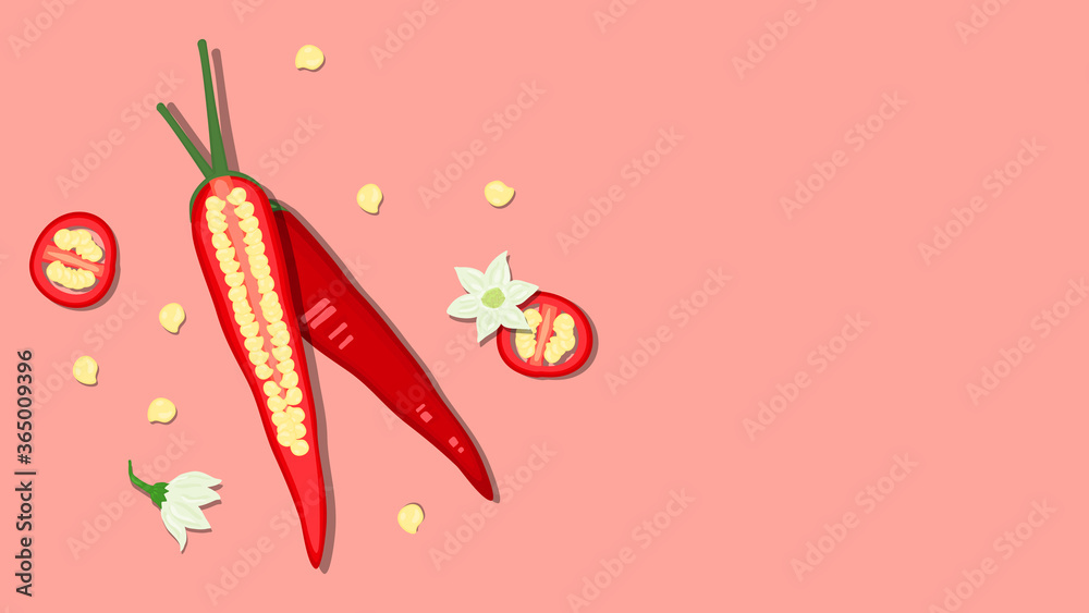 top view of red hot chilli pepper half cut and slice and chili flowers ...