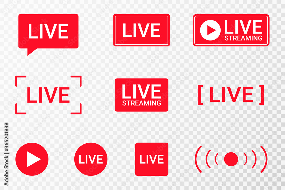 Set of live streaming icons. Red symbols and buttons of live streaming ...