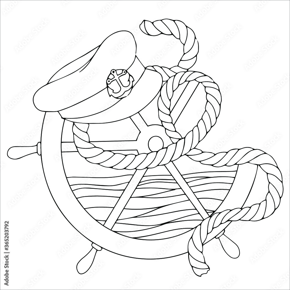 set of drawings on the marine theme. Line helm, captain cap and rope ...