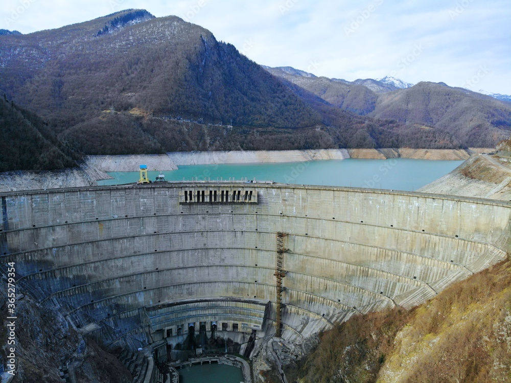 Georgia. The Enguri Dam is a hydroelectric arch dam. View from above ...