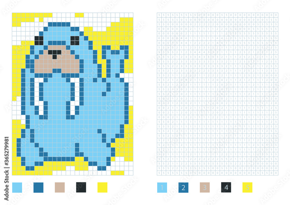 Pixel walrus cartoon in the coloring page with numbered squares, vector ...