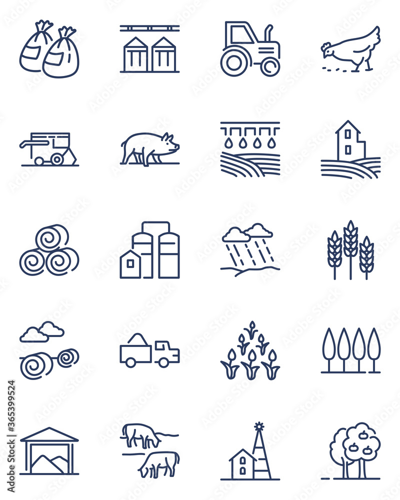 Farming line icons set. Farmer house, tractor, wheat ears, crop, barn ...