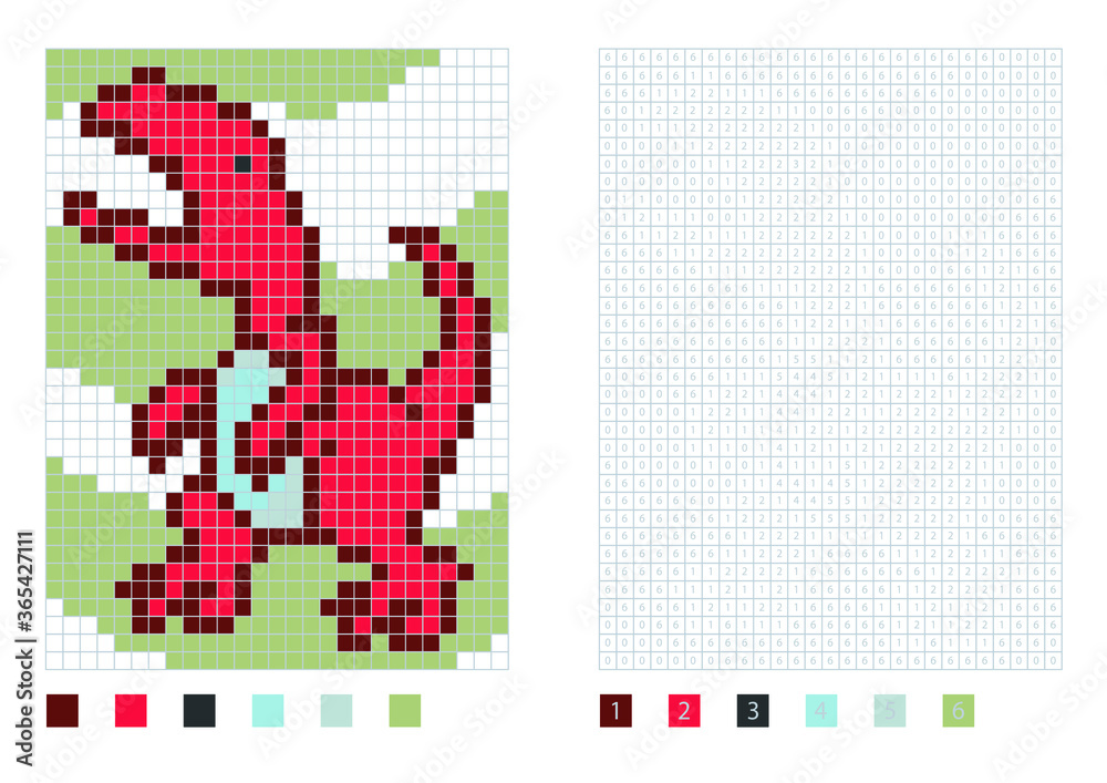 Pixel dinosaur cartoon in the coloring page with numbered squares ...