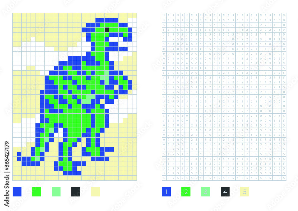 Pixel dinosaur cartoon in the coloring page with numbered squares ...