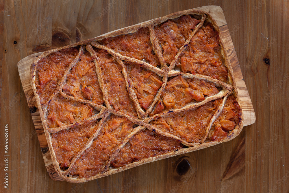 Rectangular fruit pie, top view. Homemade quince fruit jam stuffed cake ...