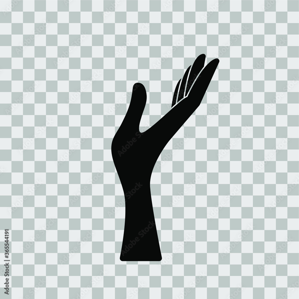 Female hand, side view, palm up. Vector icon, black silhouette, isolated on transparent ...