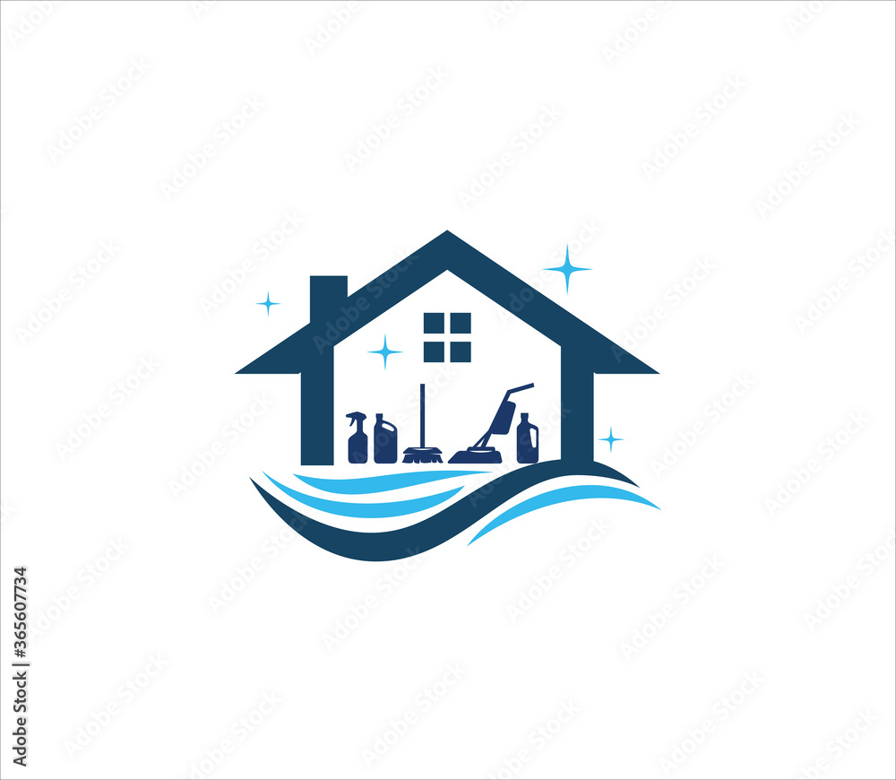vacuum cleaner, mop, and sprayer inside a house vector logo design for ...