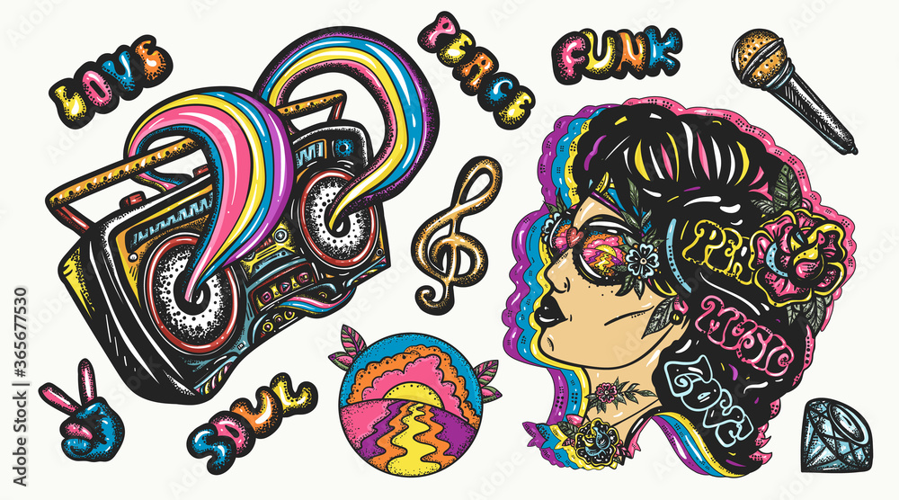 Retro funk and hippie music collection. Color tattoo vector set. Disco ...