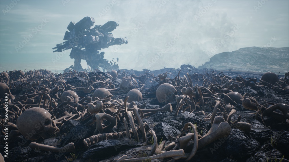 Military mech are walking on a battlefield covered with human bones and ...
