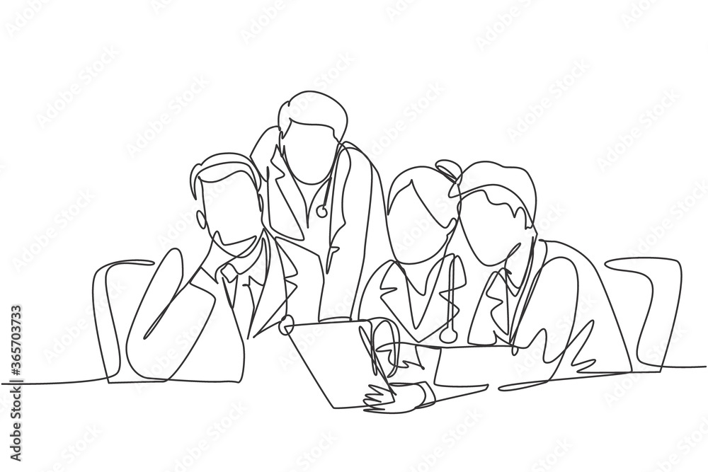 One continuous single line drawing group of male and female doctors ...
