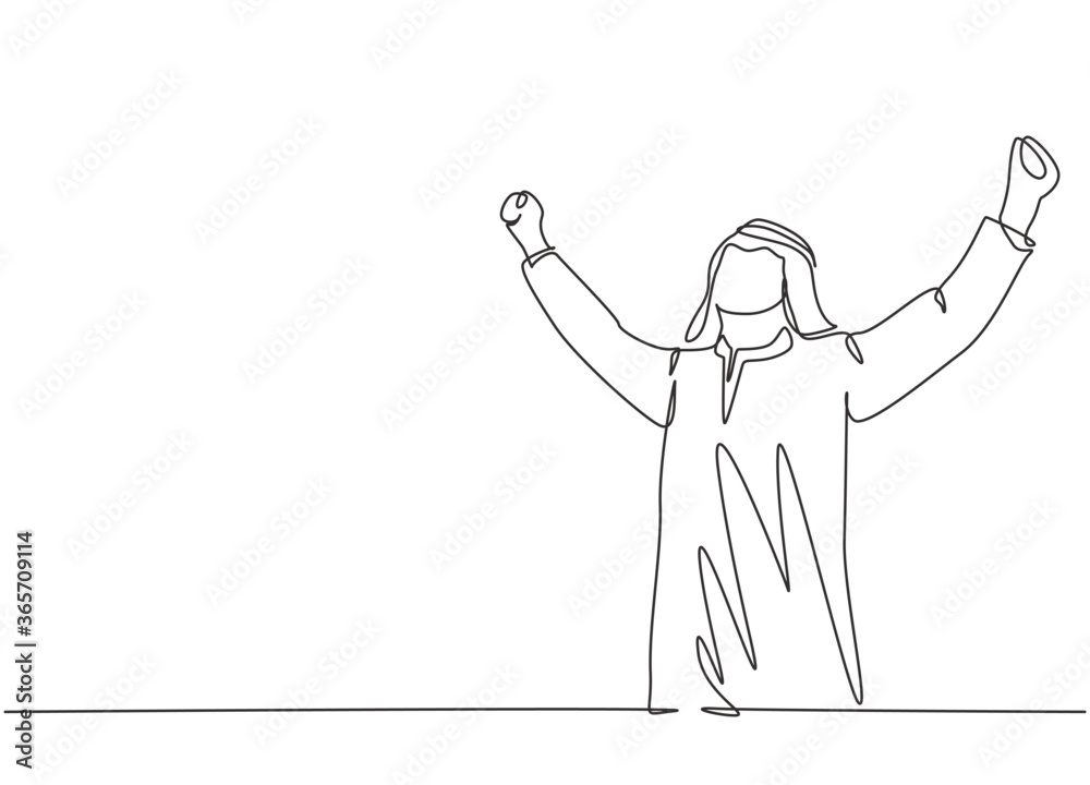 One continuous line drawing of young happy muslim business man raise ...