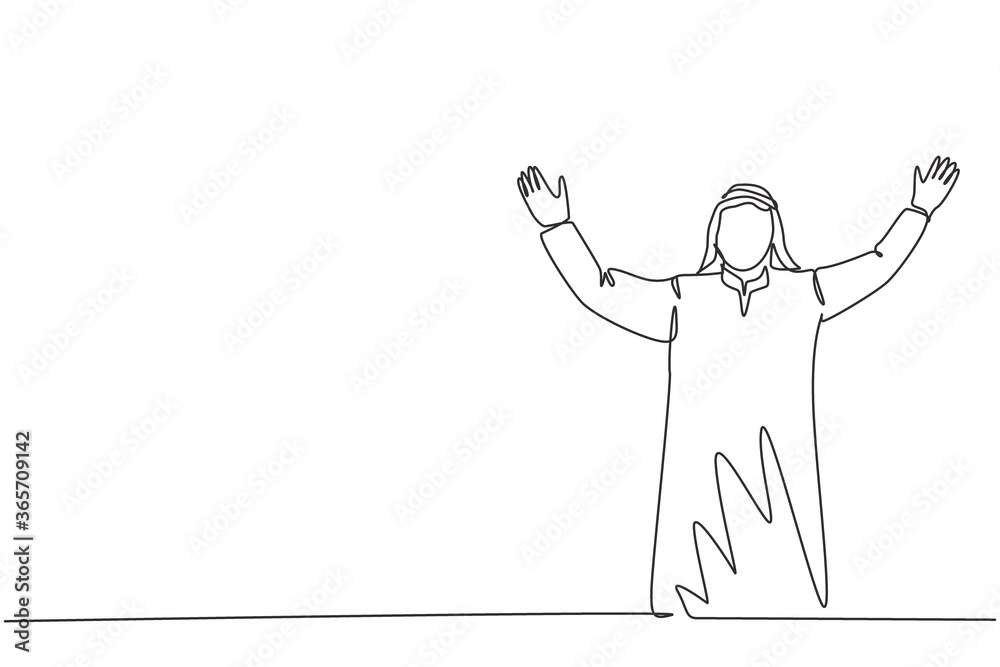 One single line drawing of young happy muslim employee celebrate his ...