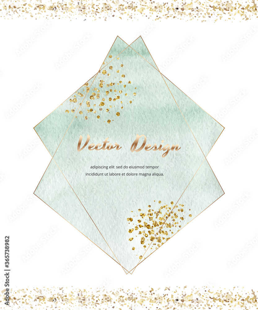Green brush stroke watercolor geometric frames with gold glitter ...