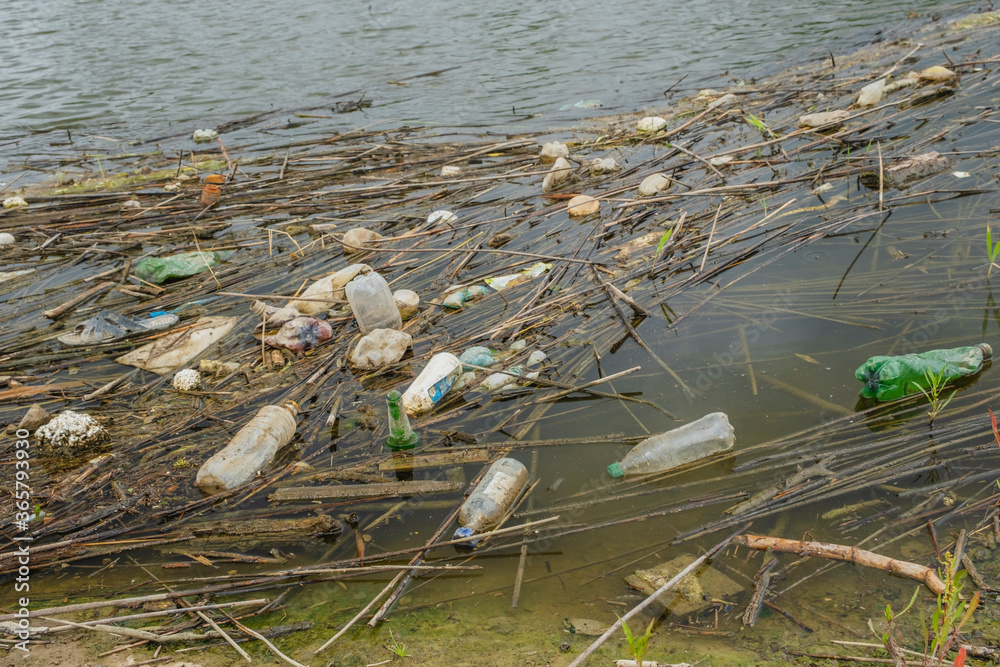 Plastic bottles and other plastic debris float in the Danube River ...