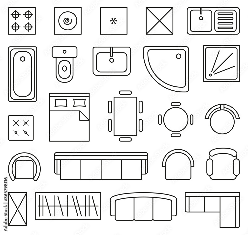 Vector set of outline isolated interior design floor plan objects icons ...