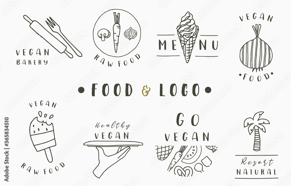 food logo collection with fork,ice cream,onion,coconut tree.Vector ...