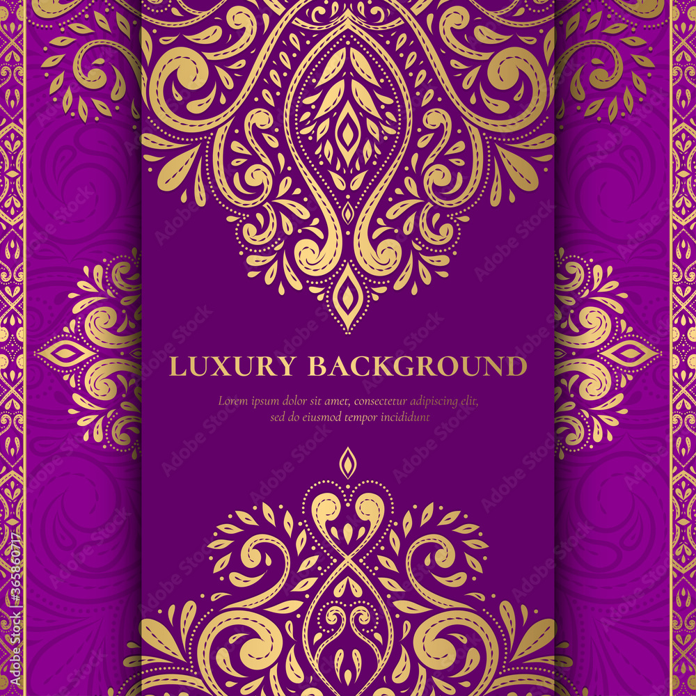 Purple and gold Indian background. Luxury pattern template. Vector ...
