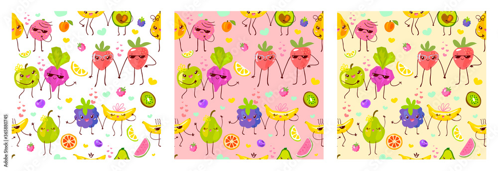 Seamless pattern cute fruit characters. Child style, strawberry ...