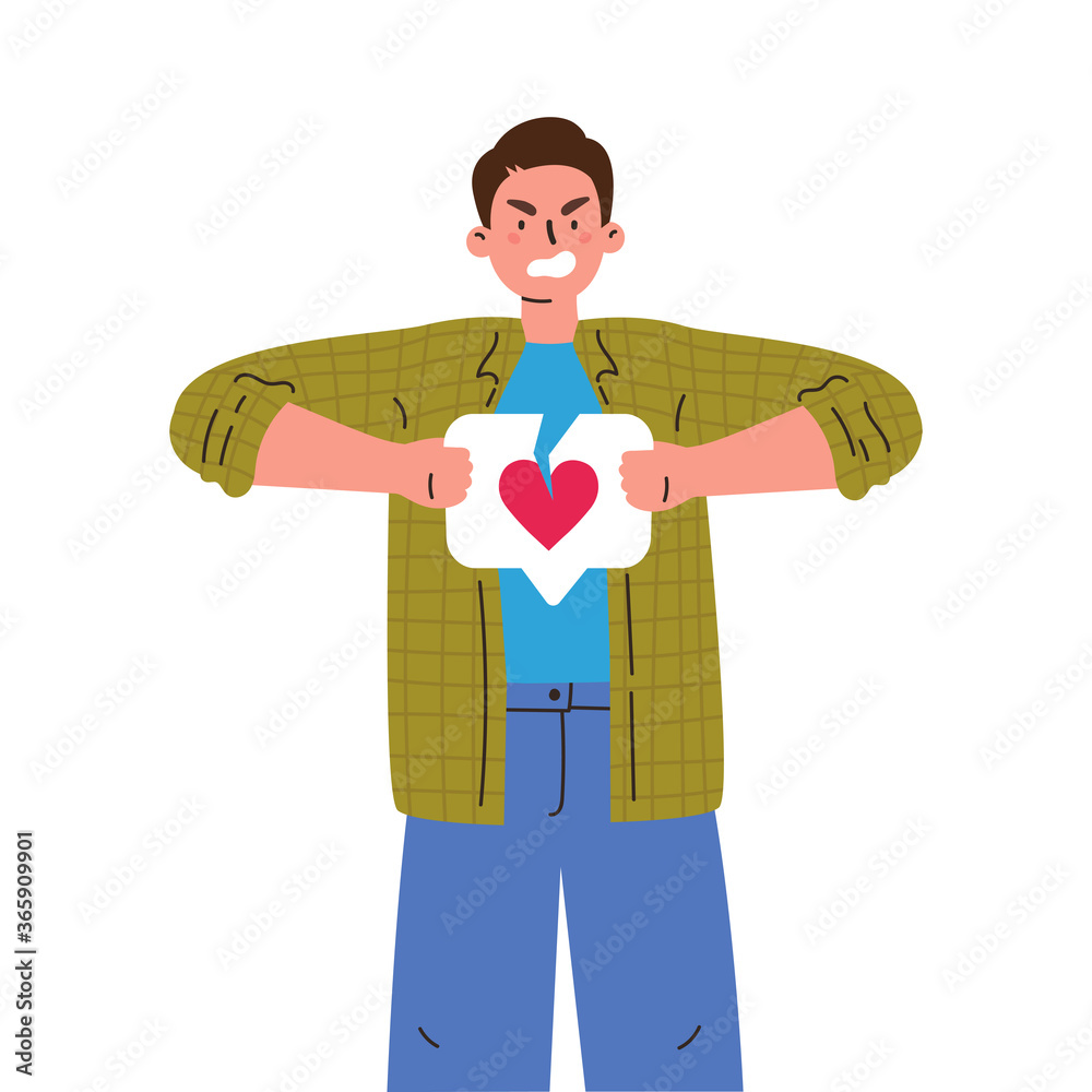 Angry man with broken like button with heart.Teenager tearing like ...