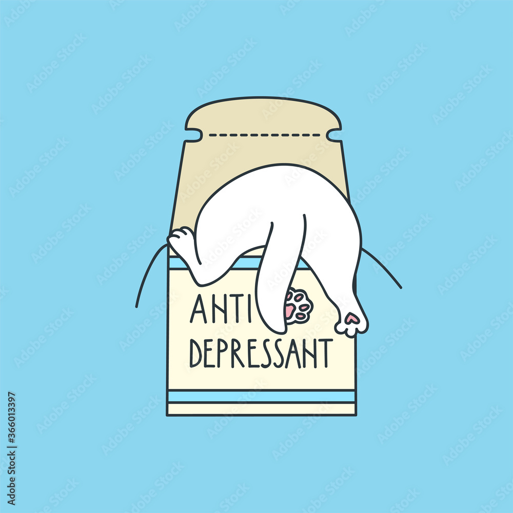 Antidepressant. Funny illustration of the white cat trying to get into ...