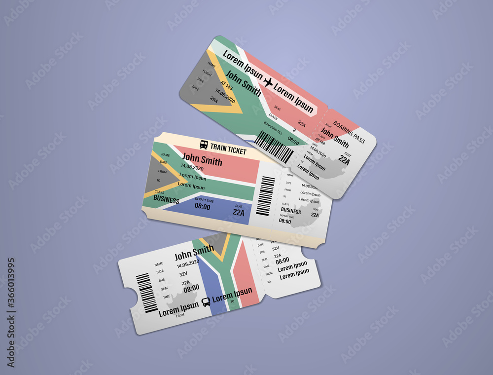 Modern design of South Africa airline, bus and train travel boarding ...