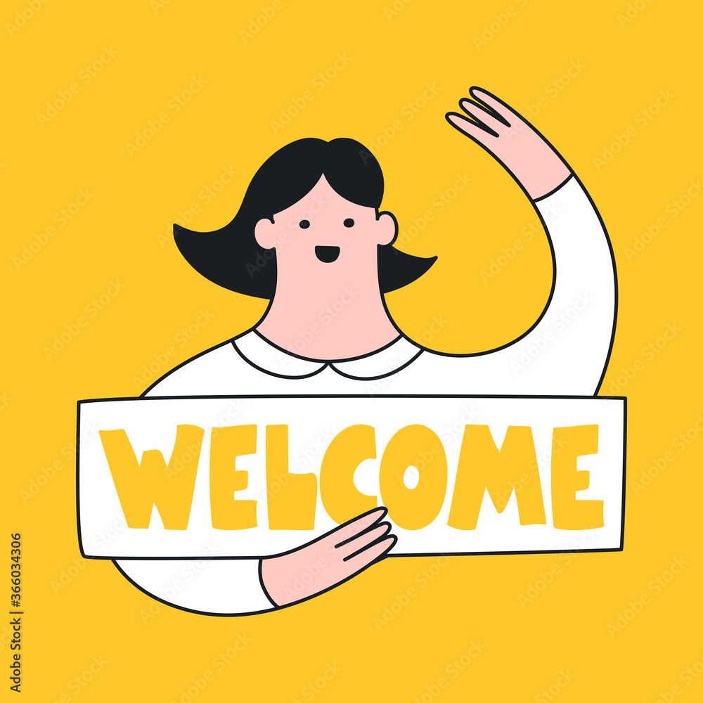 Stock-Vektorgrafik „Welcome page illustration. Cute cartoon woman with ...