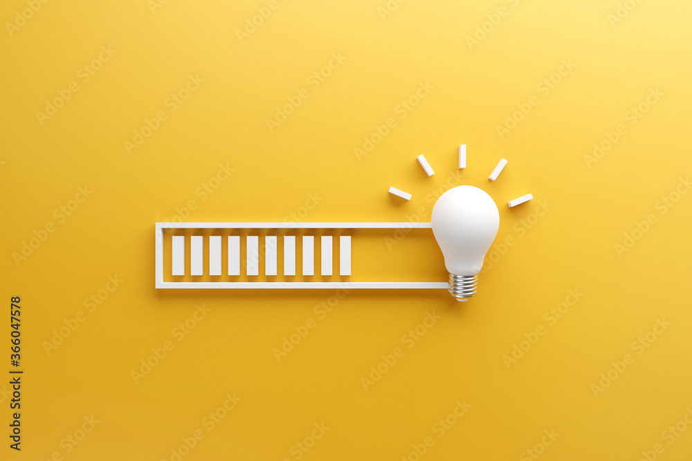 Loading bar almost complete with idea beeing processed on a light bulb on yellow background. 3d ...