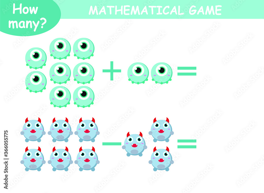 examples of addition and subtraction with cute monsters. educational ...