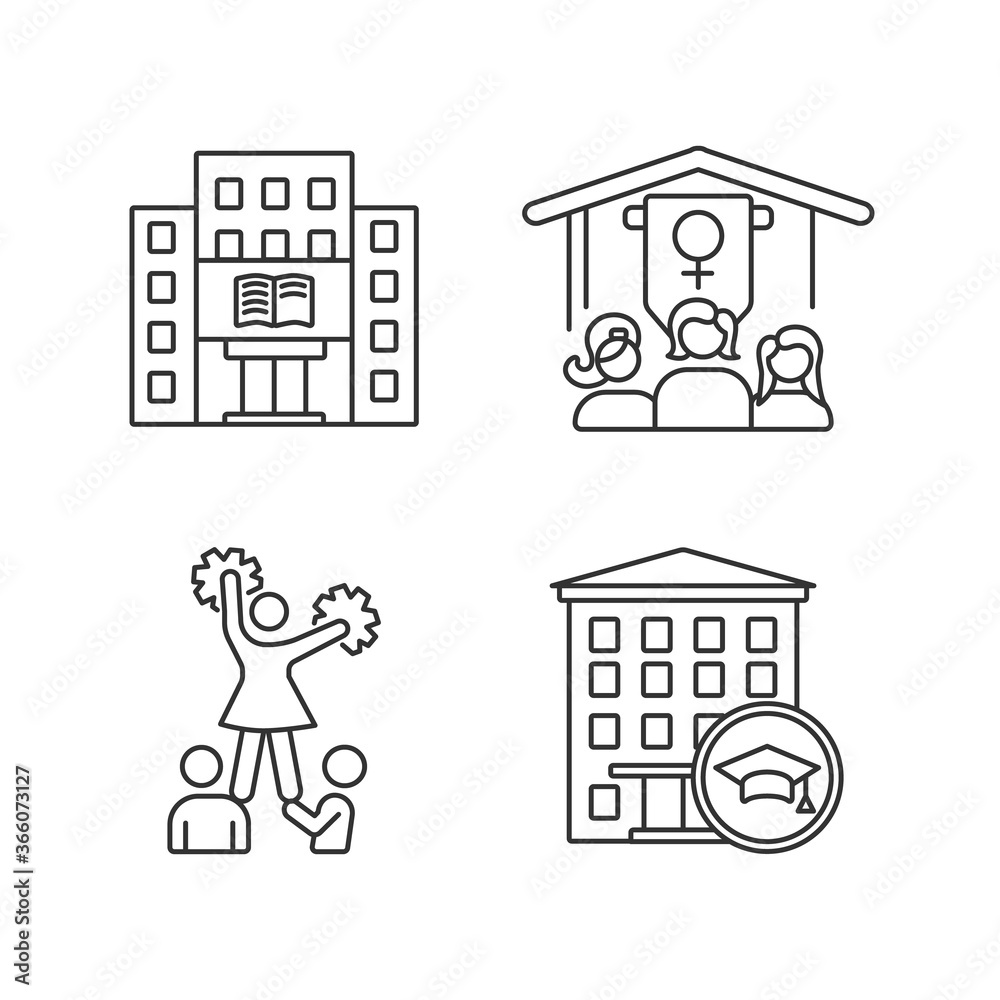Freshman life pixel perfect linear icons set. University female ...
