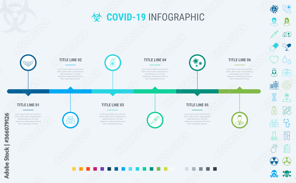 Coronavirus timeline. Covid-19 infographic template, 6 steps. Process ...