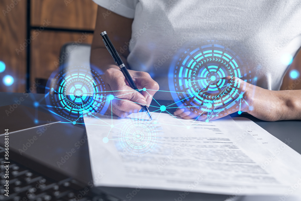 Multi exposure of woman signing a contract and high tech project ...