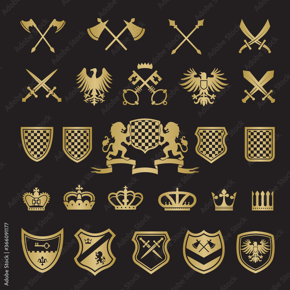 Heraldic badges. Medieval stylized shapes swords shields crowns lions ...