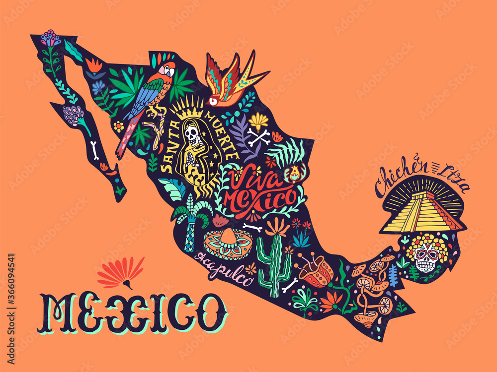 Illustrated stylized map of Mexico. National elements and symbols ...