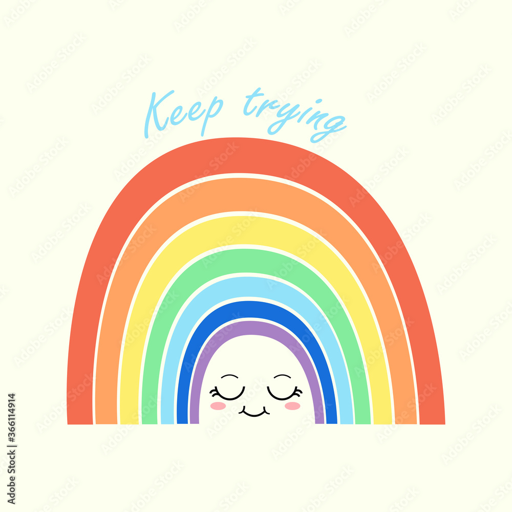 Keep trying. Bright rainbow with motivational words. Character with ...