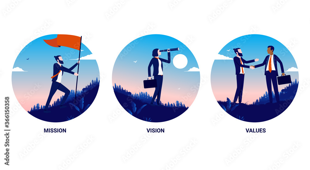 Our mission, our vision, our values - Business illustrations for core ...