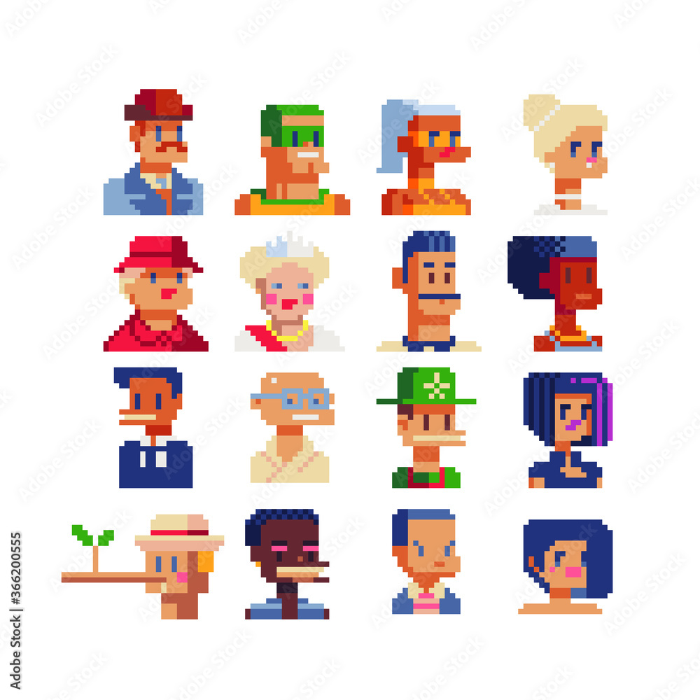 Vector de Stock Pixel art different characters, abstract avatar profile ...