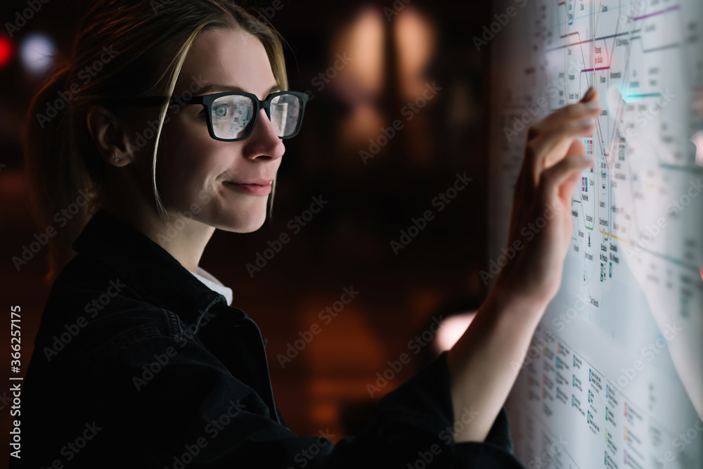 Interactive kiosk with public transport subway map. Female standing at ...