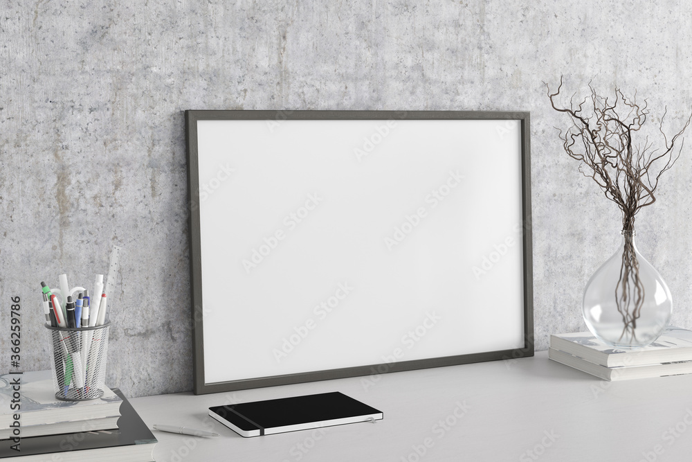 Horizontal poster frame mockup on the white table of home studio ...