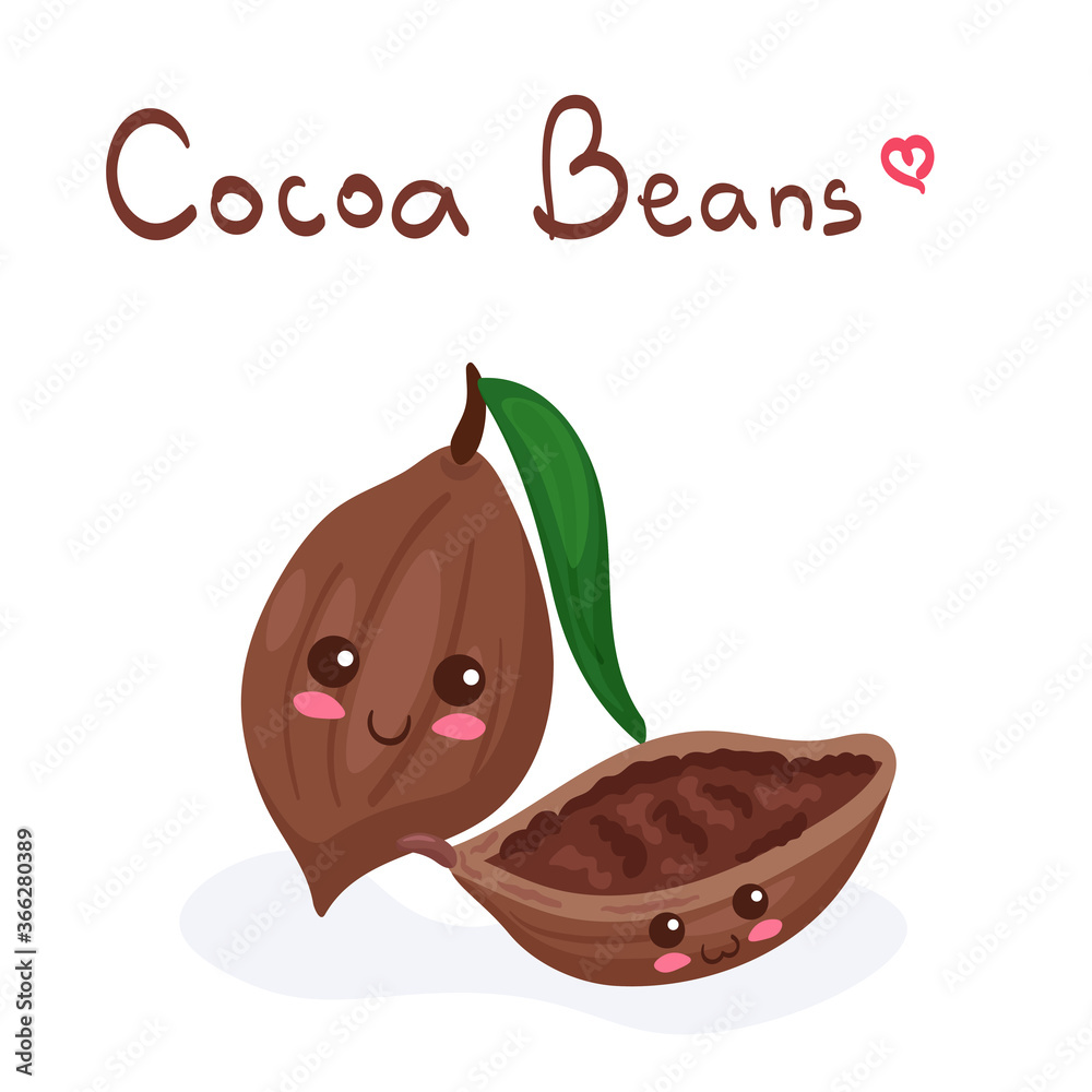Kawaii vector illustration of Cocoa Beans with lettering isolated on ...