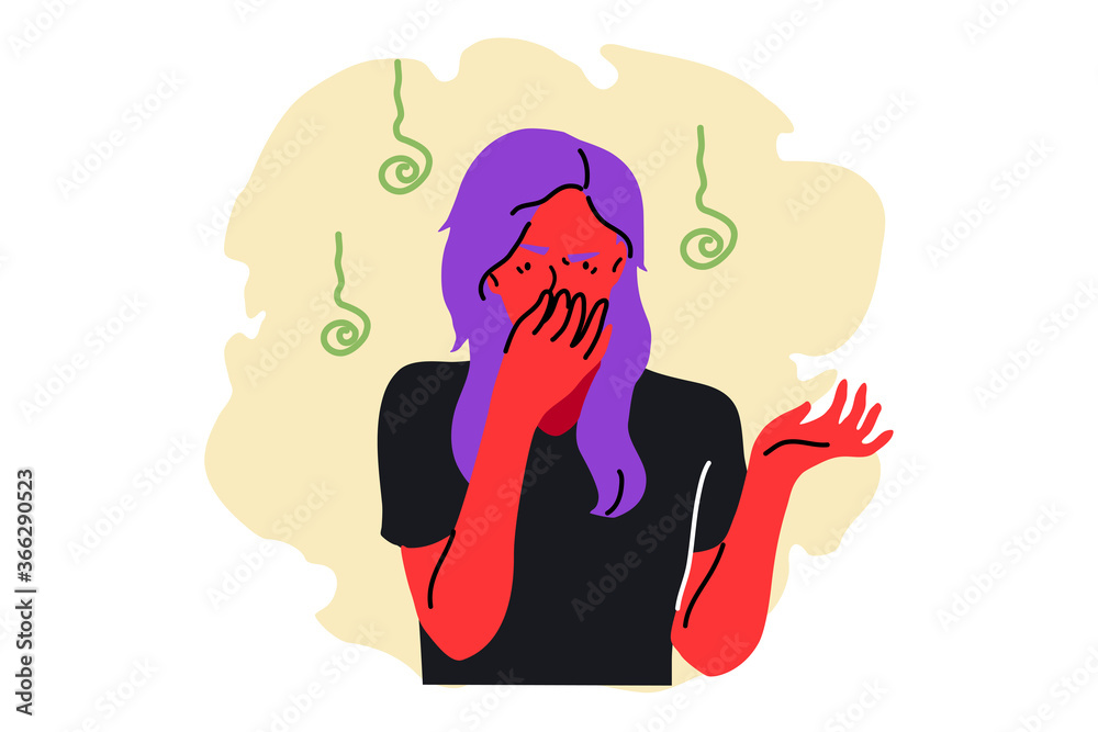 Smell, stench, disgust concept. awful odor. Young woman girl student ...