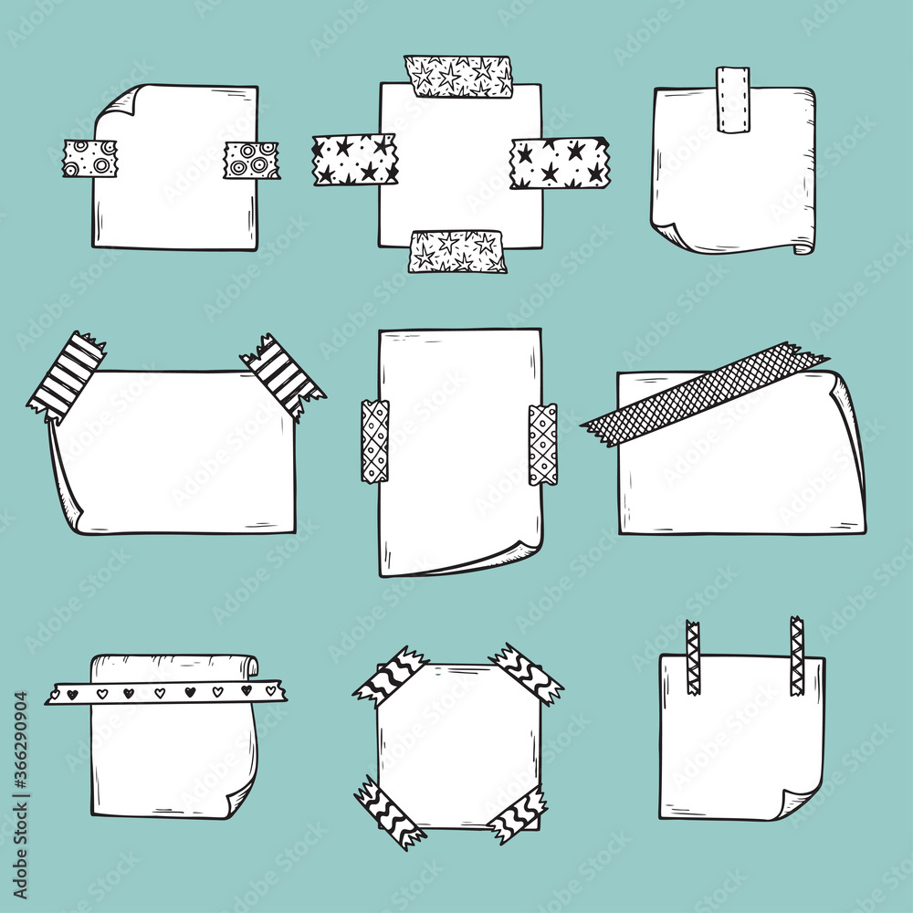 Strips of Masking Tape and Note Paper Set. Hand Drawn Doodle Sticky ...
