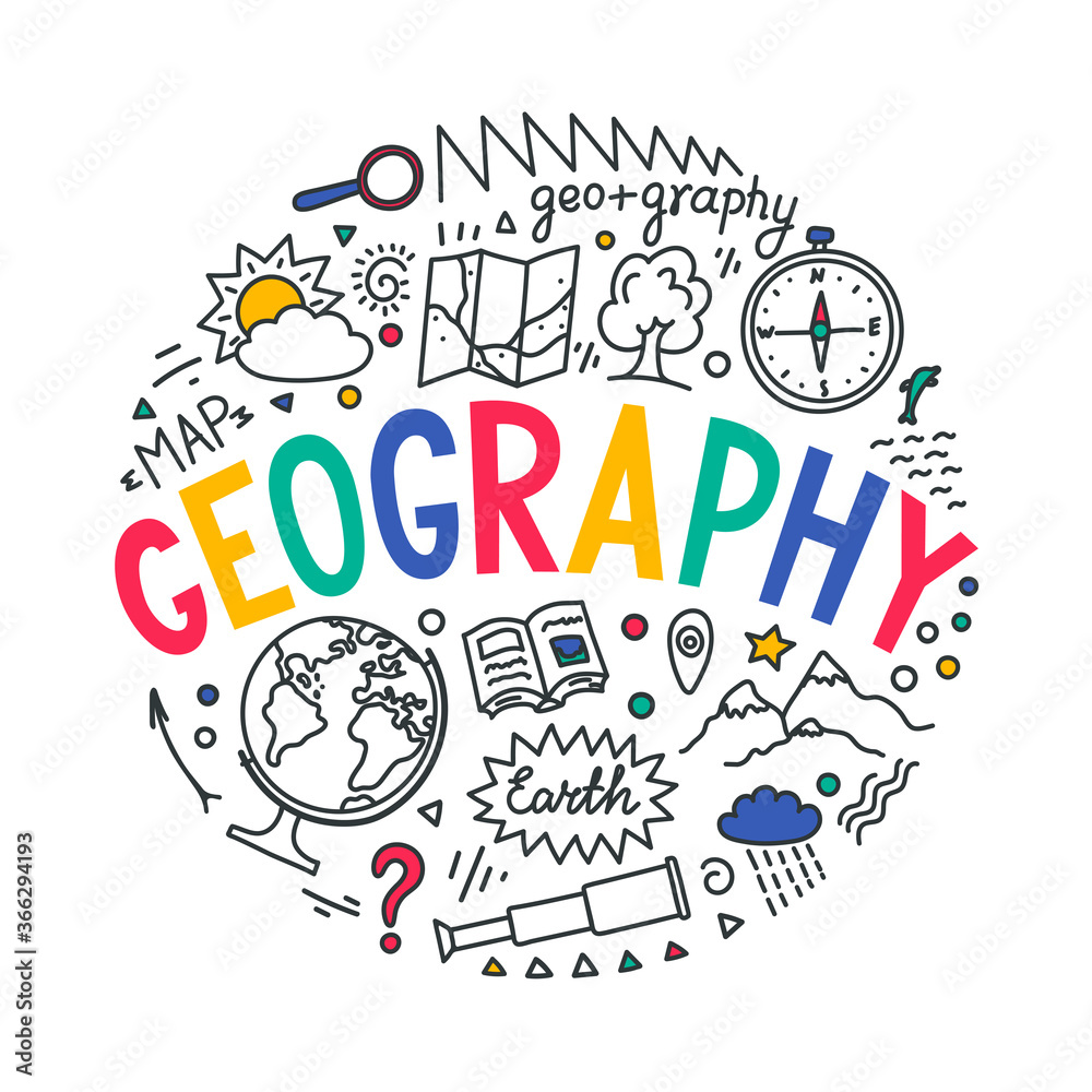 Geography. hand drawn word "geography" with educational doodles ...
