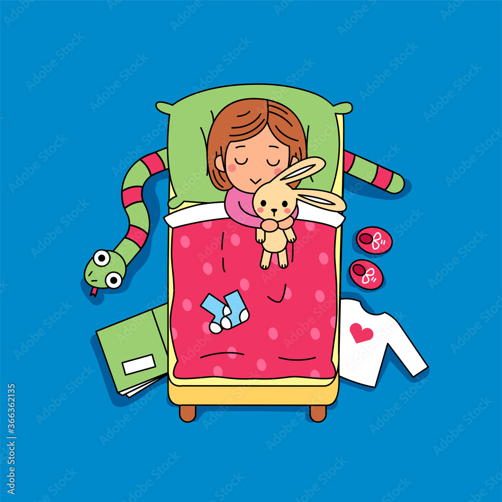 Cute and Sweet Sleeping Cartoon Little Girl Clipart with Her Bunny ...